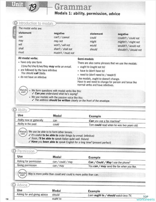 UNIT 19 MODALS ADVICE ABILITY PERMISSION. Interactive worksheet ...