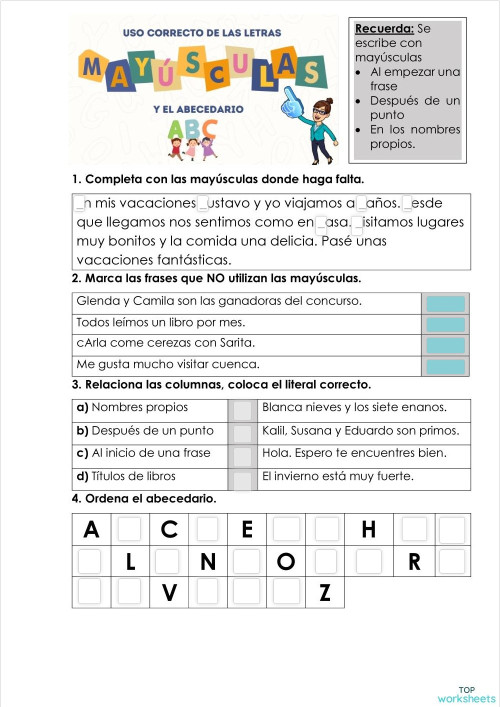 Uso de mayúsculas y abecedario 4°. Ficha interactiva | TopWorksheets