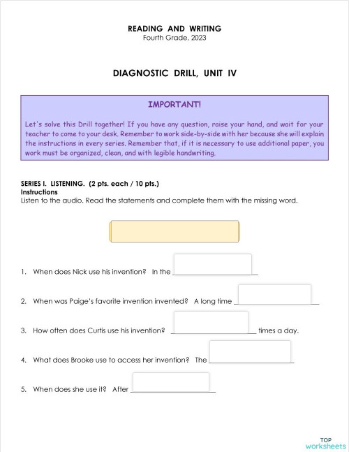 Reading Diagnostic, Fourth Grade, Unit IV. Interactive worksheet ...