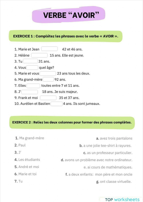 Le verbe avoir. Fiche interactive | TopWorksheets
