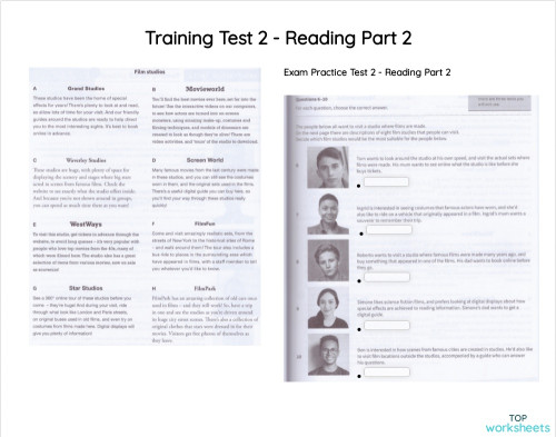 Training Test 2 - Reading Part 2. Interactive worksheet | TopWorksheets