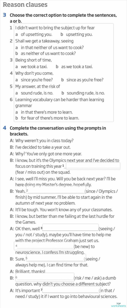 reason clauses. Interactive worksheet | TopWorksheets