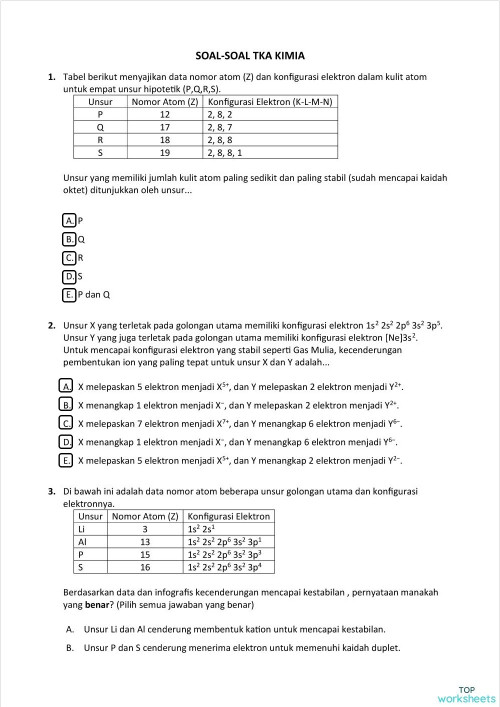 Soal Latihan TKA-Kimia-2. Interactive worksheet | TopWorksheets