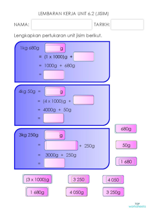Pertukaran Unit Jisim. Interactive worksheet | TopWorksheets