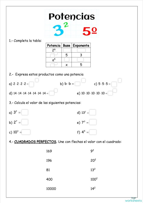 Potencias I. Ficha interactiva | TopWorksheets