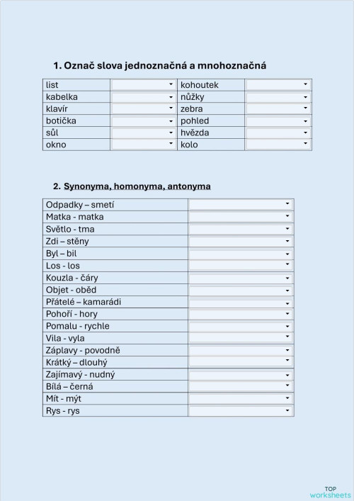 tvoření slov, jednoznačná, mnohoznačná. Interaktivní pracovní list ...