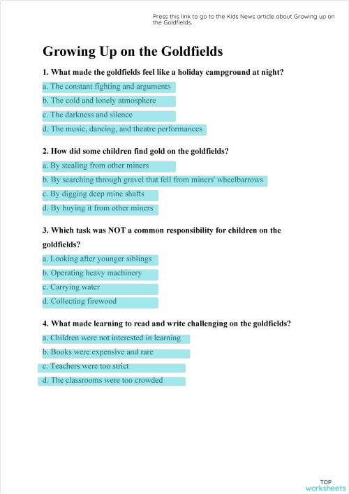 Growing Up on the Goldfields Quiz. Interactive worksheet | TopWorksheets