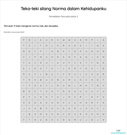 Mencari Kata Norma dalam Kehidupanku. Interactive worksheet | TopWorksheets