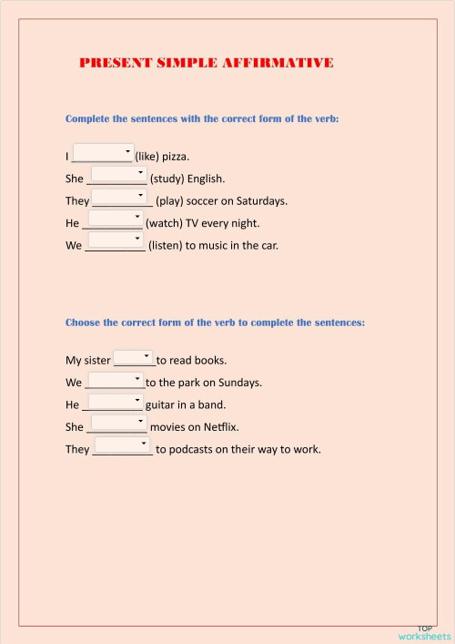 PRESENT SIMPLE AFFIRMATIVE Movers. Interactive worksheet | TopWorksheets