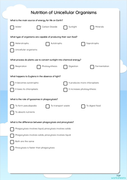 Nutrition of Unicellular Organisms. Interactive worksheet | TopWorksheets