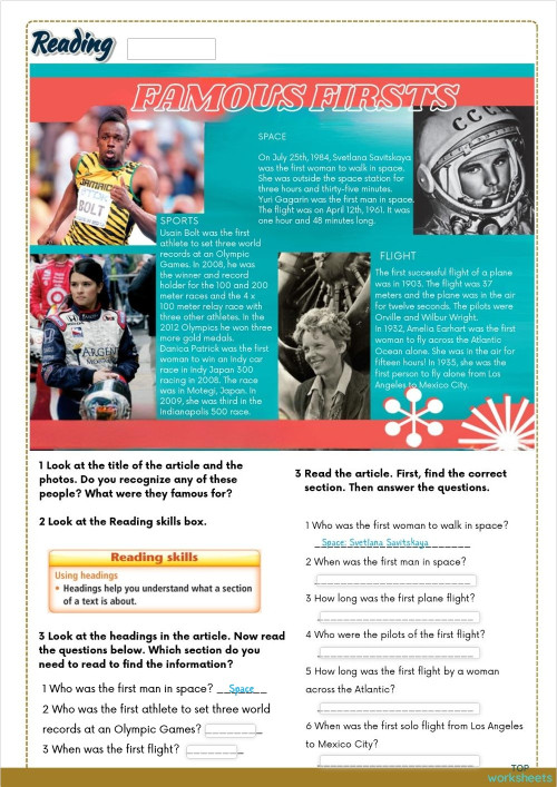 V.7 Reading: Famous firsts (3rd). Interactive worksheet | TopWorksheets