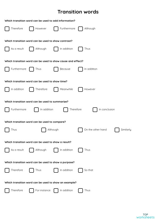 Transition words. Interactive worksheet | TopWorksheets
