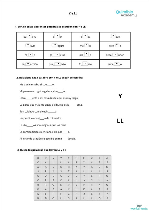 las letras Y y LL. Ficha interactiva | TopWorksheets