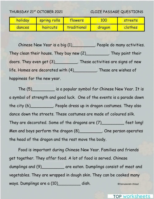 Cloze passage. Interactive worksheet | TopWorksheets