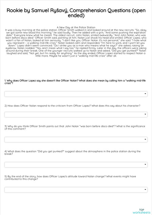 Rookie by Samuel Ryšavý, Comprehension Questions (open ended ...