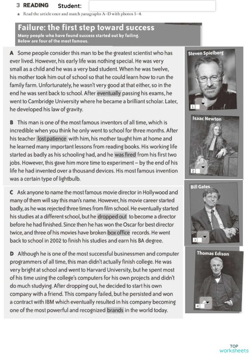 Reading: Failure: the first step towards success. Interactive worksheet ...