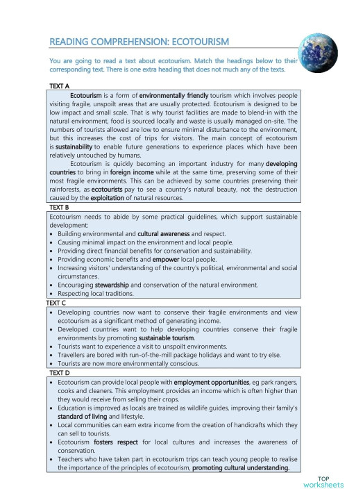 READING COMPREHENSION: ECOTOURISM. Interactive worksheet | TopWorksheets