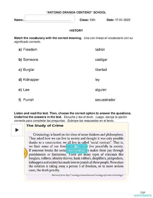 READING COMPREHENSION 10th. Interactive worksheet | TopWorksheets