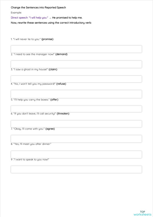 Introductory verbs (Reported Speech)+to-inf agree demand offer promise ...