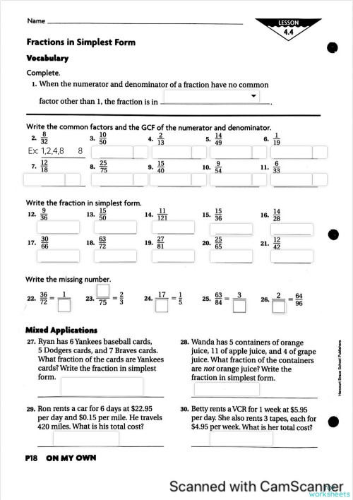 Lesson 4.4 Fractions in Simplest Form (6th). Interactive worksheet ...