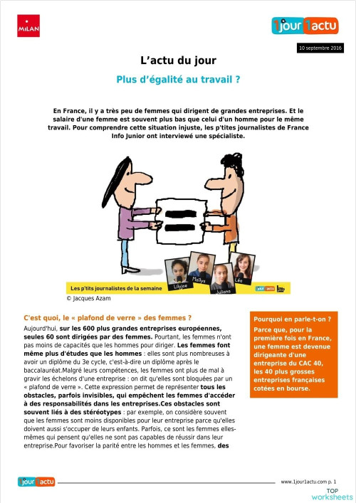 Égalité hommes-femmes au travail. Fiche interactive | TopWorksheets