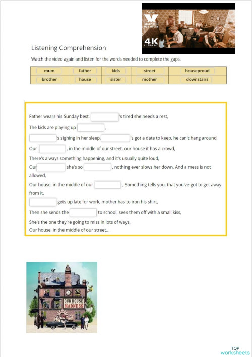 Song: Our house. Interactive worksheet | TopWorksheets