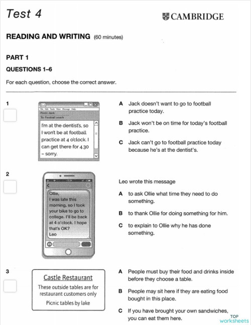 AUTHENTIC KET TEST 4 - READING. Interactive worksheet | TopWorksheets