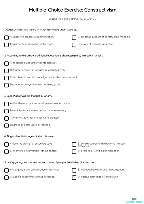 🧠 Multiple-Choice Exercise: Constructivism. Interactive worksheet | TopWorksheets