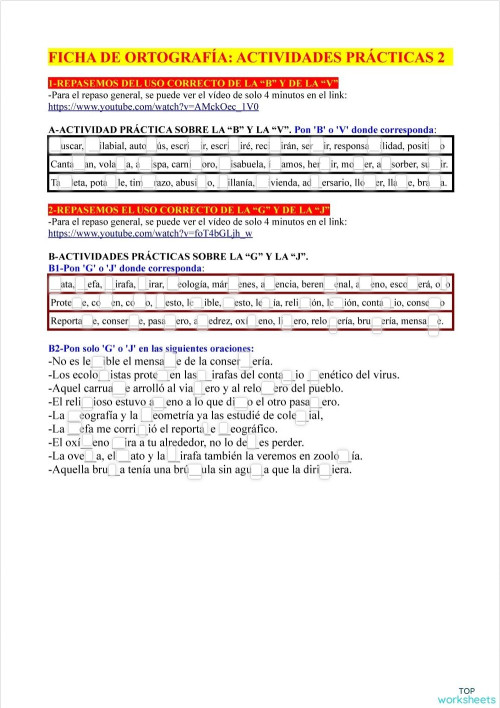 FICHA 2 DE ORTOGRAFÍA. Ficha interactiva | TopWorksheets