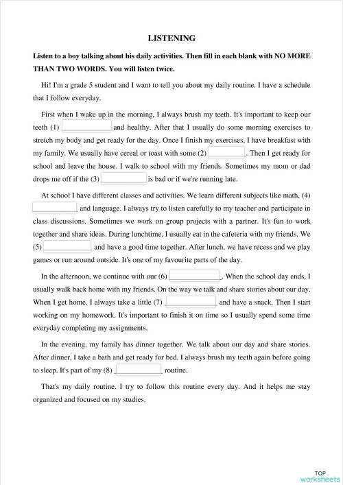 Listening G5. Daily routine. Interactive worksheet | TopWorksheets