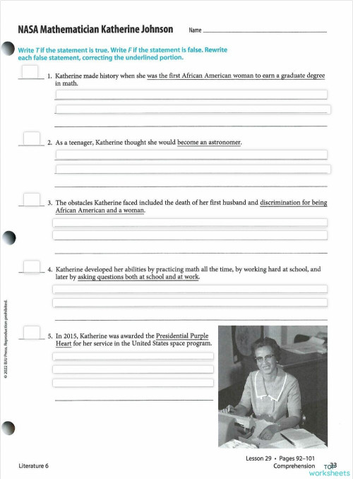 Lesson 29: NASA Mathematician Katherine Johnson Pg 33. Interactive ...