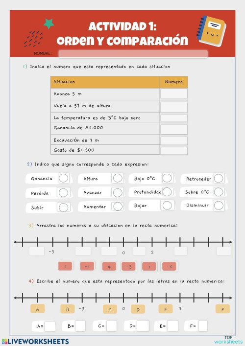 ORDEN Y COMPARACIÓN DE NÚMEROS ENTEROS. Ficha interactiva | TopWorksheets