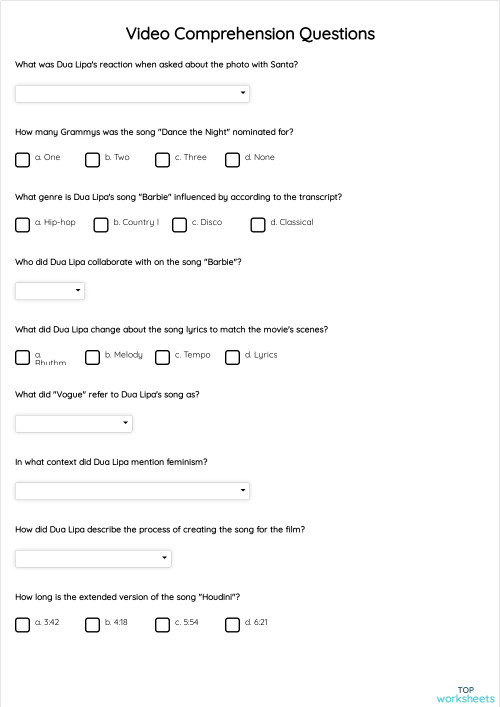 Video Comprehension Questions. Interactive worksheet | TopWorksheets