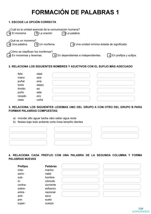 FORMACIÓN DE PALABRAS 1. Ficha interactiva | TopWorksheets