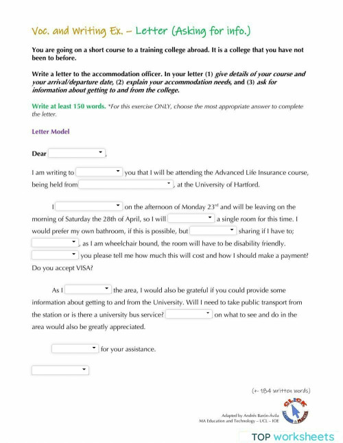 Writing Ex. - Letter Asking for Info. (GT IELTS). Interactive worksheet ...