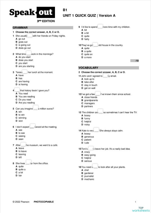 Revision units 1-2 SPEAKOUT B1. Interactive worksheet | TopWorksheets