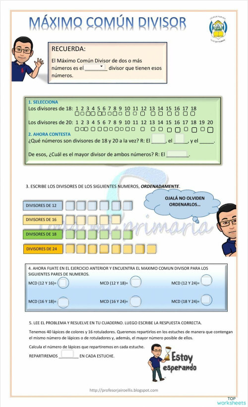 Ejercicio de máximo común divisor. Ficha interactiva | TopWorksheets