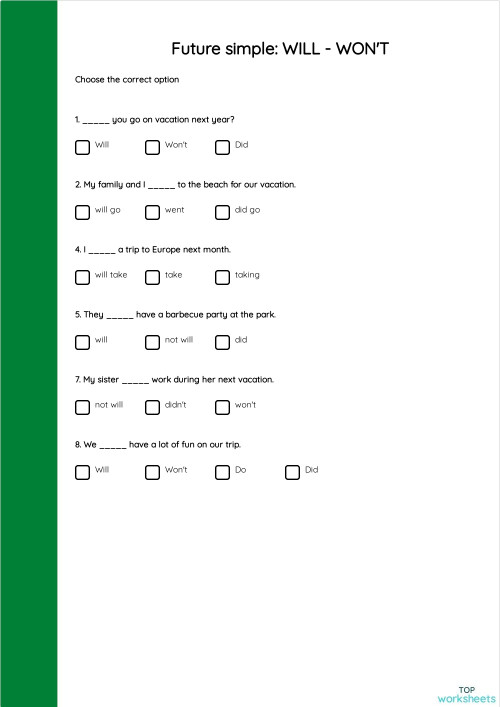 Future simple: WILL - WON'T. Interactive worksheet | TopWorksheets Future simple: WILL - WON'T. Interactive worksheet | TopWorksheets