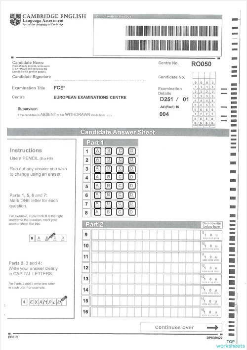 B2 -READING&USE OF ENGLISH-Answer sheet-T2. Interactive worksheet ...