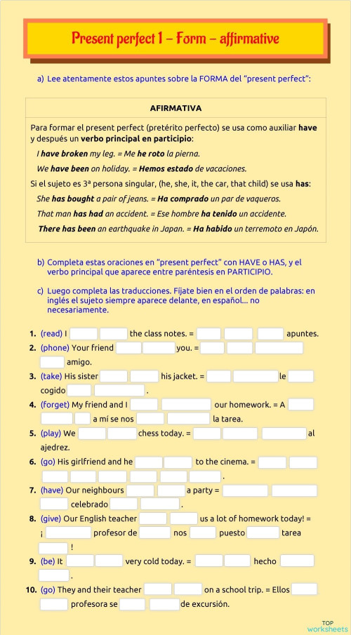 Present perfect 1 - affirmative. Ficha interactiva | TopWorksheets