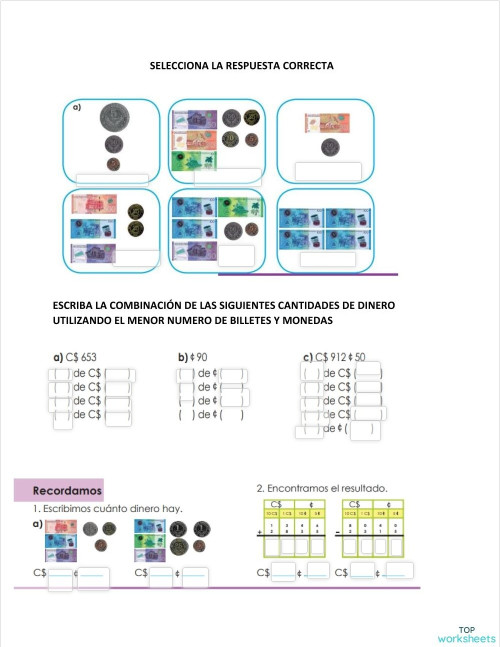Hojas De Trabajo Sobre Dinero Para Segundo Grado Dinero Y Monedas