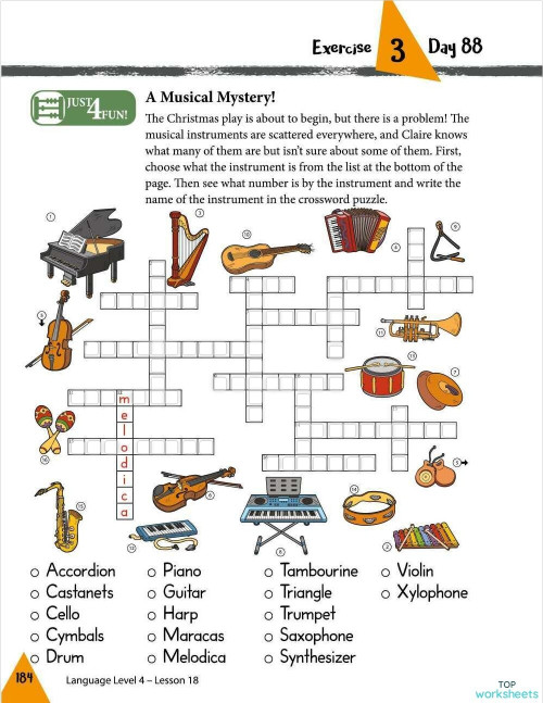 Lesson 18: A Musical Mystery Pg 184 Ex 3. Interactive worksheet | TopWorksheets