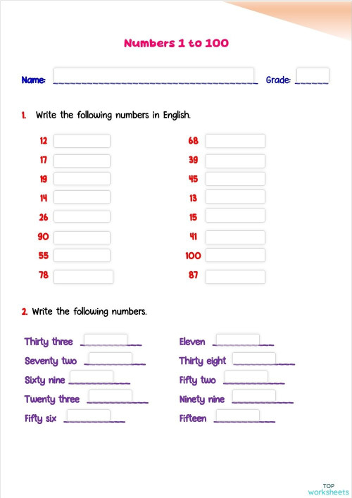Numbers 1 to 100. Ficha interactiva | TopWorksheets