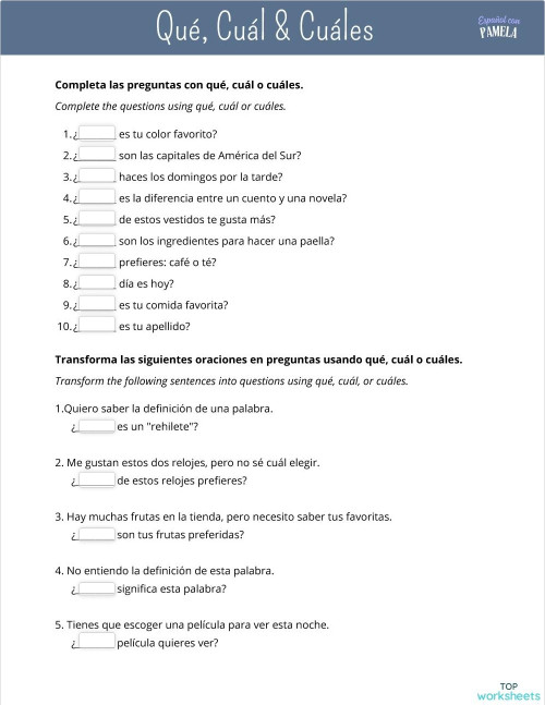 Qué, cuál & cuáles. Ficha interactiva | TopWorksheets