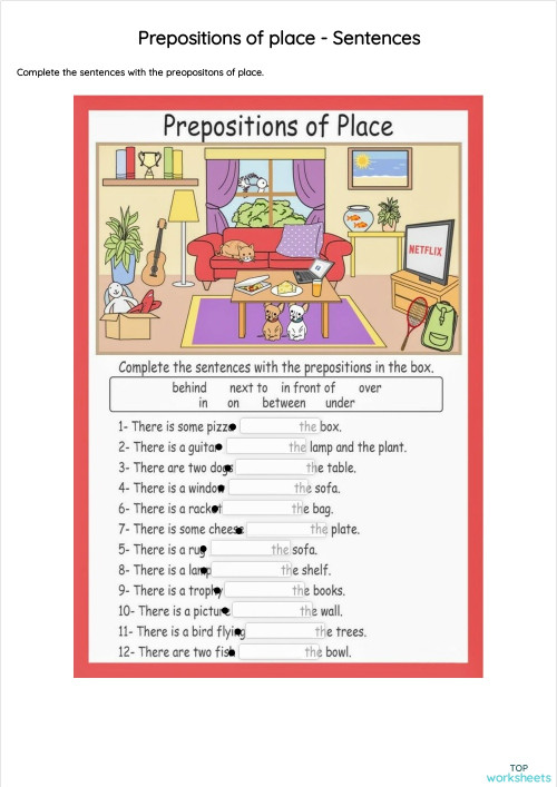 Prepositions of place - Sentences. Interactive worksheet | TopWorksheets