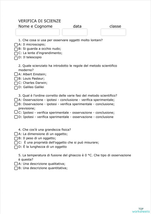 Verifica di scienze A. Scheda interattiva | TopWorksheets