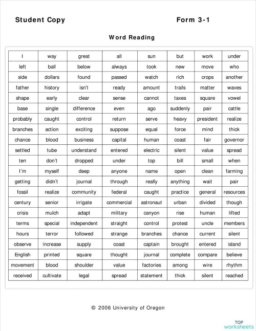 Word Reading Fluency - Grade 3. Interactive worksheet | TopWorksheets