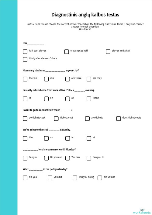 Diagnostinis anglų kalbos testas. Interactive worksheet | TopWorksheets