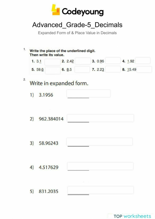 Advanced-Expanded Form & Place Value in Decimals. Interactive worksheet | TopWorksheets