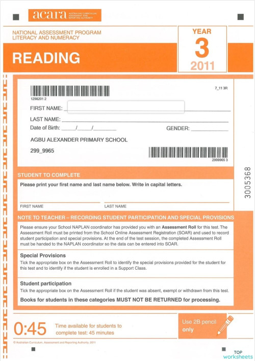 Year 3 Naplan Reading 2111. Interactive worksheet | TopWorksheets